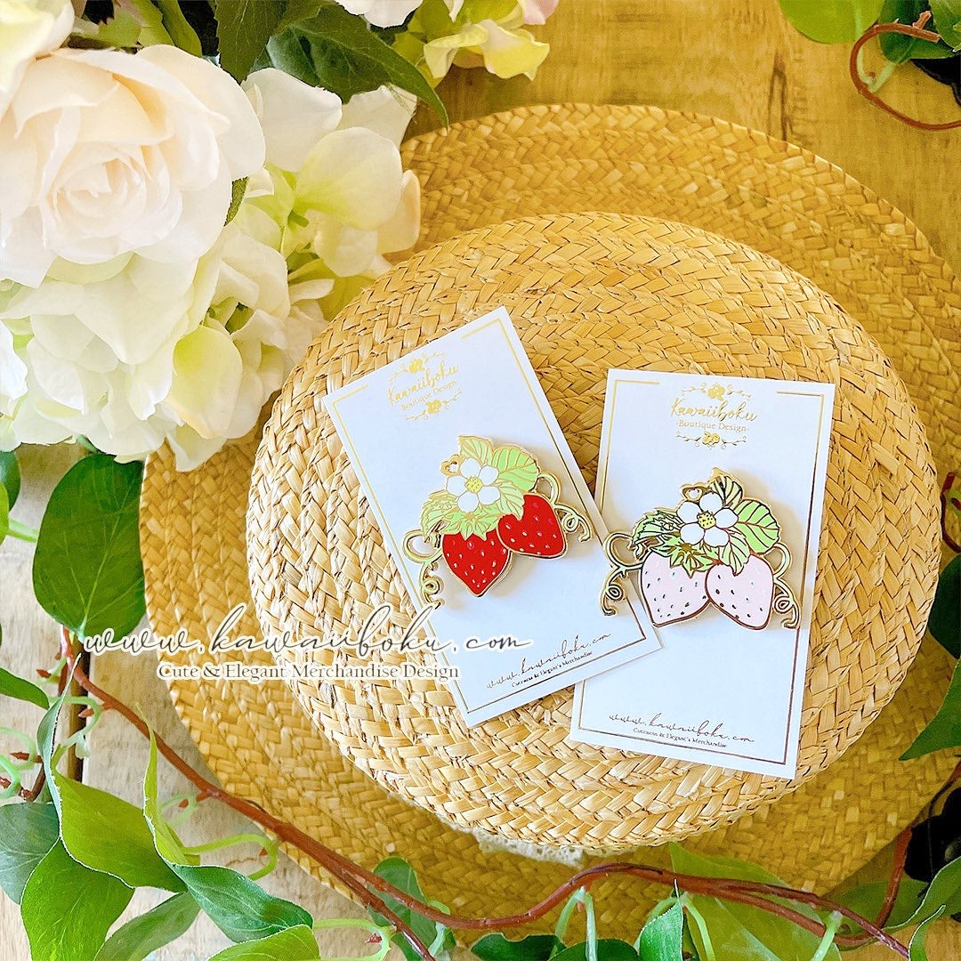 Cute Kawaii Strawberries Romance Enamel Pin | Created by Kawaiiboku